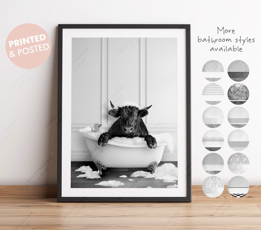 Black and White - Black Bull in a Vintage Bath Wall Art, Cow in Bathtub ...