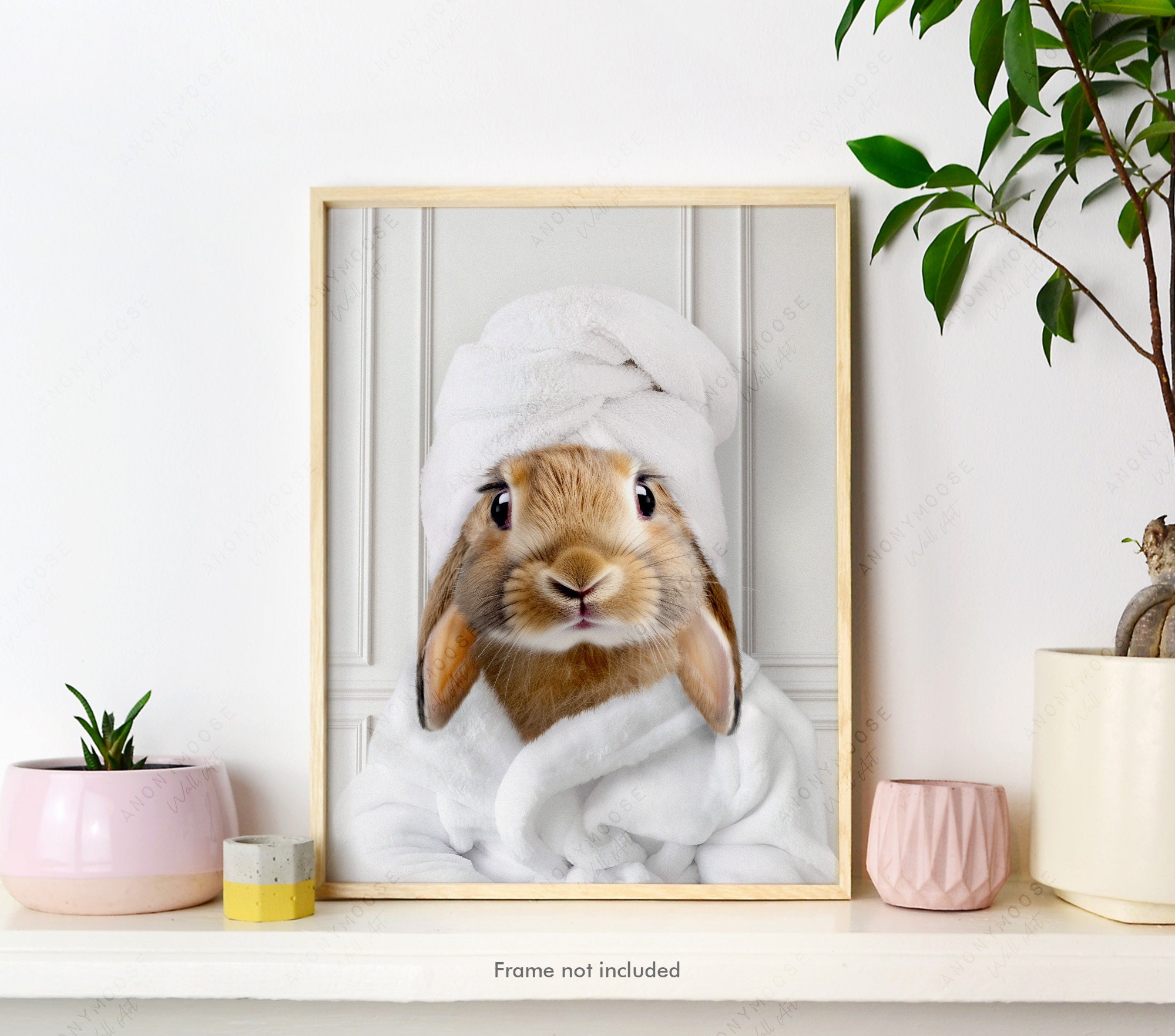 Rabbit in a Bathrobe Print, Bunny Bathing, Funny Bathroom Print, Animal ...