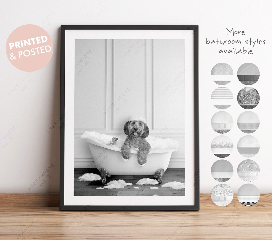 Black and White Red Cockapoo Dog in a Bath Print, Cockapoo Bathing, Funny Bathroom Print, Animal ...