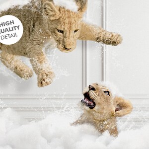 Lion Cubs Playing in Bath Tub Print, Lions Bathing, Funny Bathroom ...