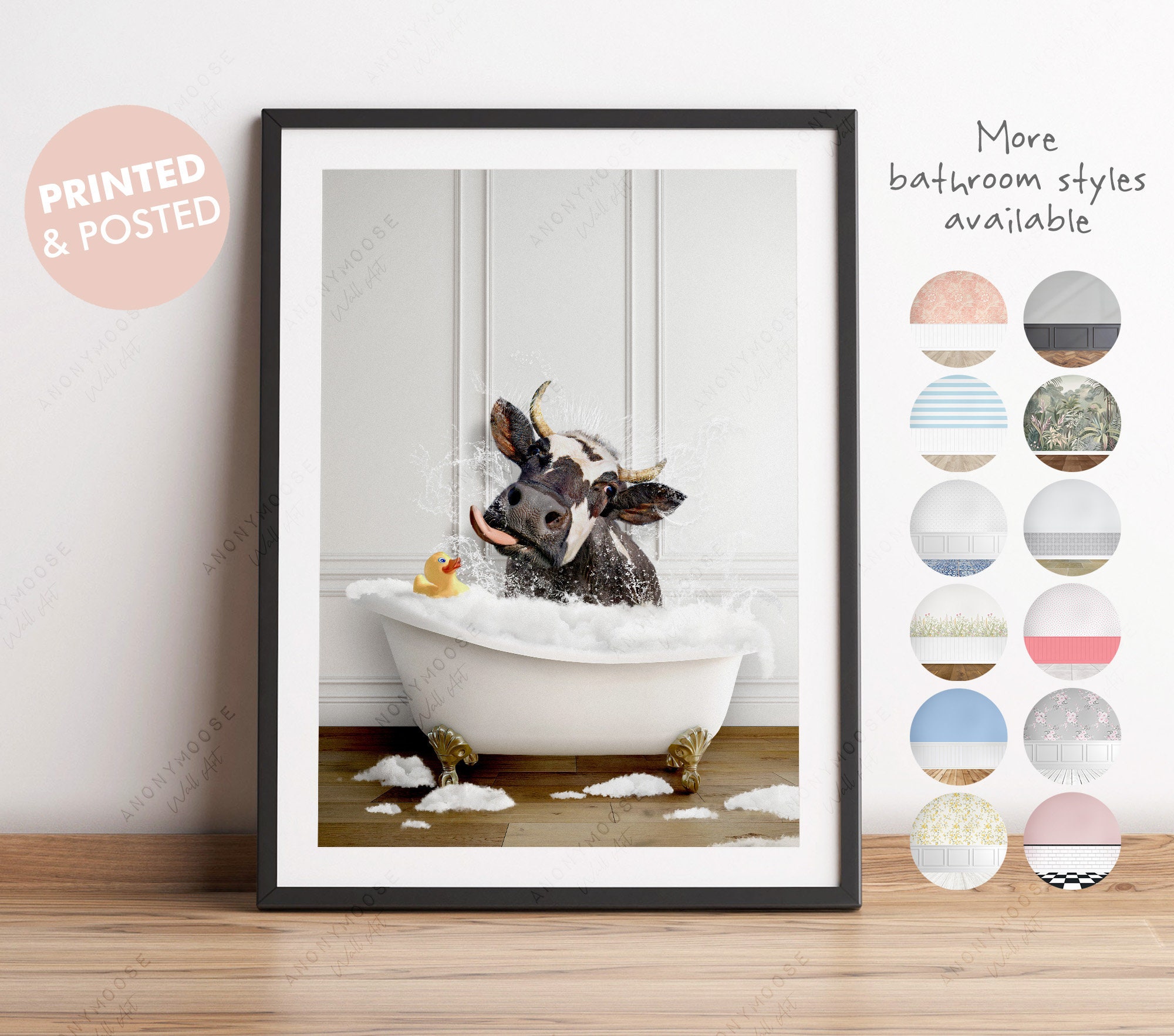 Cow Shaking Head in a Bath Print, Friesian Cow Bathing, Funny Bathroom ...