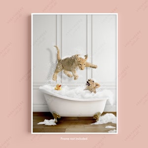 Lion Cubs Playing in Bath Tub Print, Lions Bathing, Funny Bathroom ...