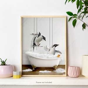 Penguins Playing in Bath Tub Print, Penguin Bathing, Funny Bathroom ...