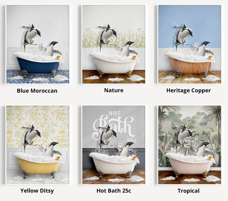 Penguins Playing in Bath Tub Print, Penguin Bathing, Funny Bathroom ...