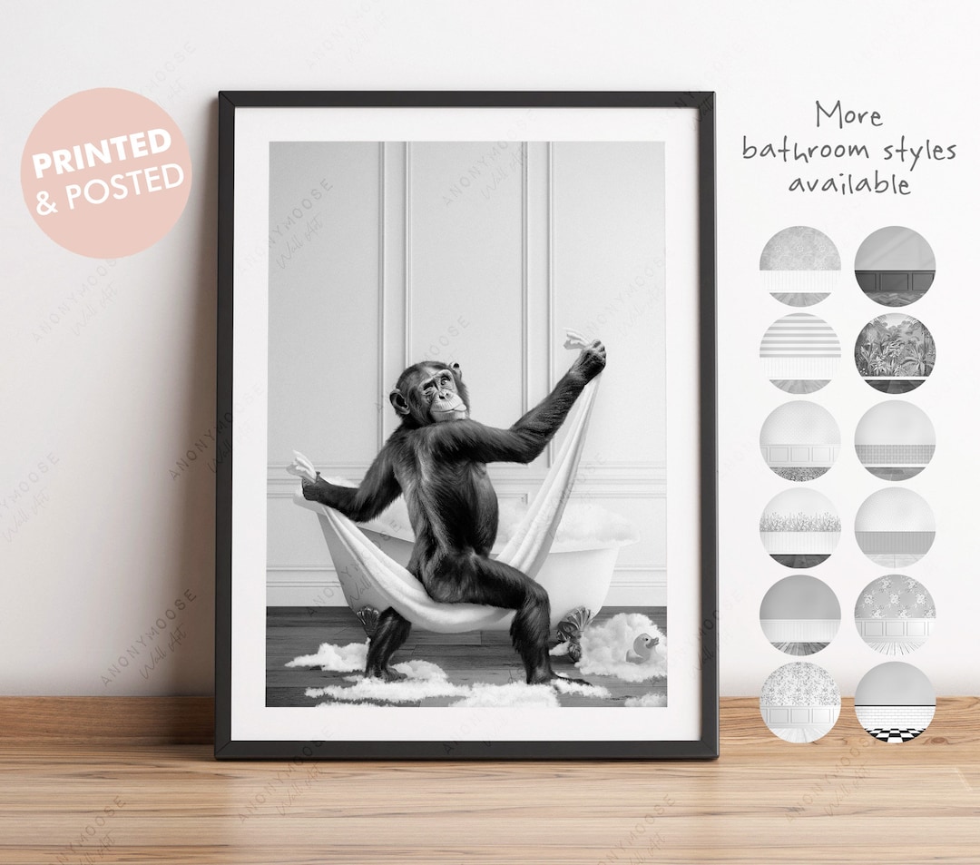Black and White Chimpanzee Drying With a Towel in Bathroom Print, Monkey Bathing, Funny Bath ...