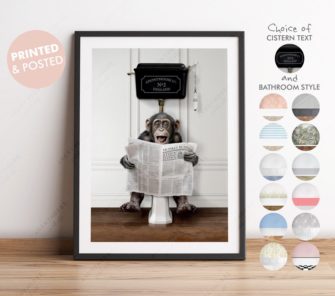 Chimpanzee Monkey on Toilet With Newspaper, Victorian Toilet, Funny ...