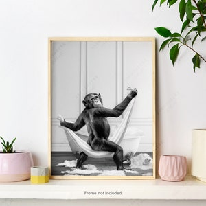Black and White Chimpanzee Drying With a Towel in Bathroom Print, Monkey Bathing, Funny Bath ...