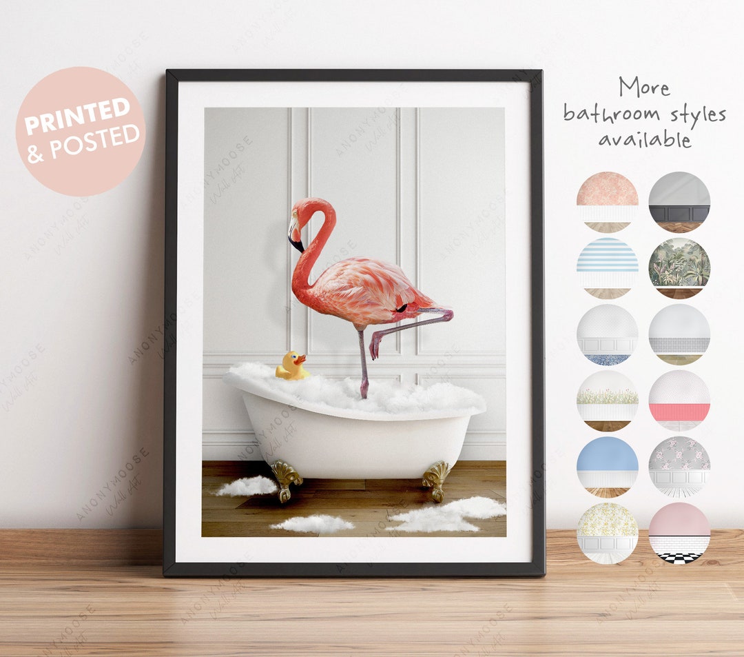 Pink Flamingo in a Bath Print, Flamingo Bathing, Funny Bathroom Print ...