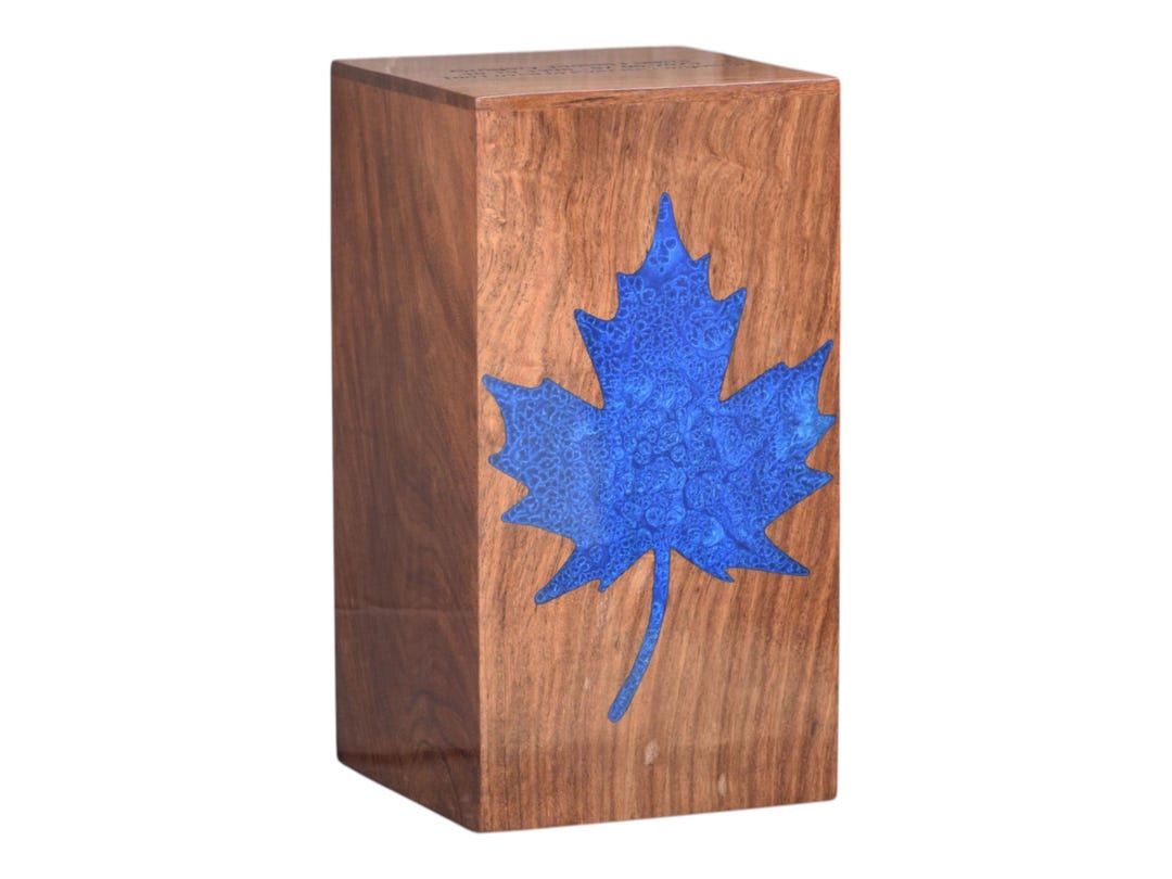 Maple Leaf Cremation Urn: Sheesham Wood & Blue Resin Inlay ...