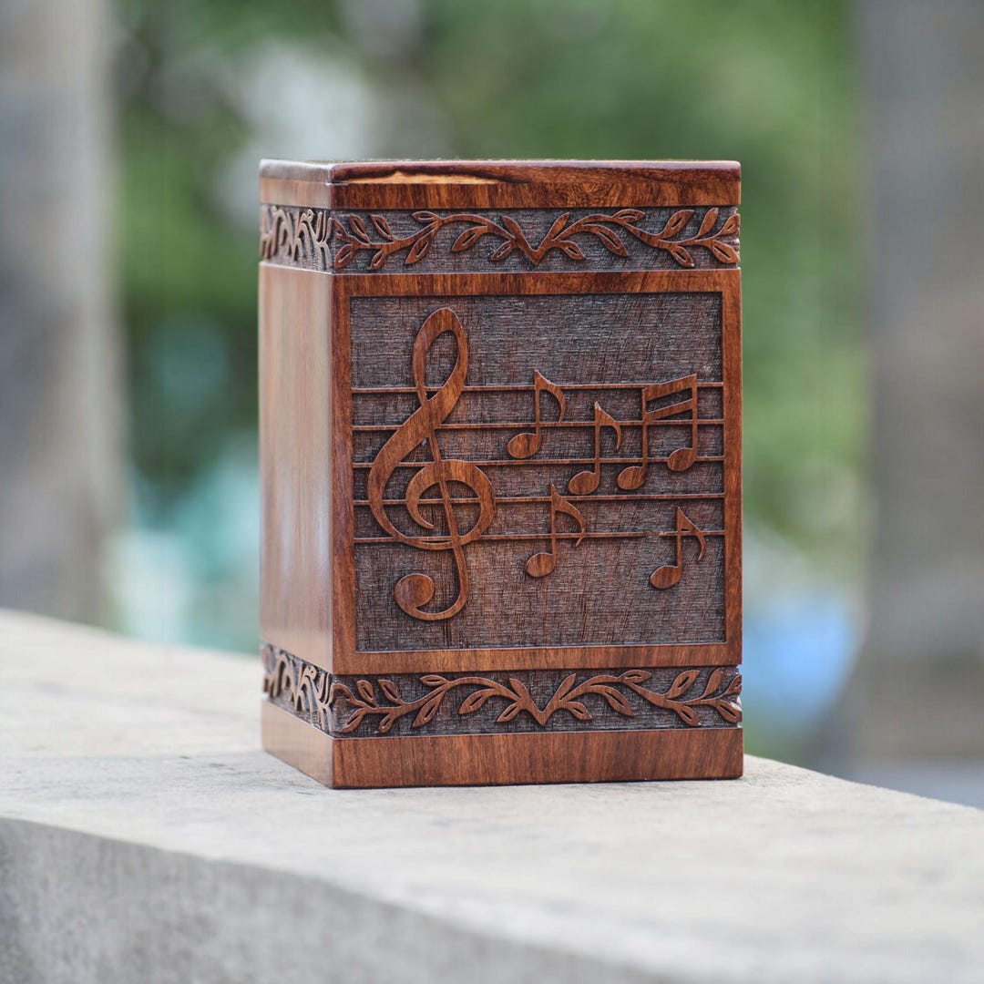 Musical Note Cremation Urn: Engraved Wooden Memorial Box, Personalized ...