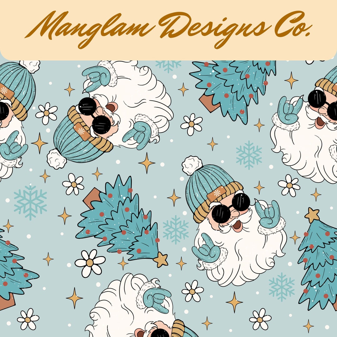 Retro Blue Christmas Santa Winter Seamless Repeat Pattern, Groovy Santa ...