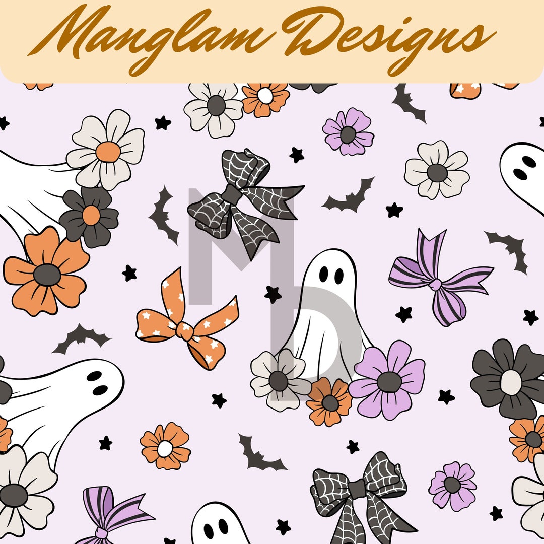 Cute Ghost Face Seamless Repeat Pattern, Halloween Bows Seamless, Retro ...