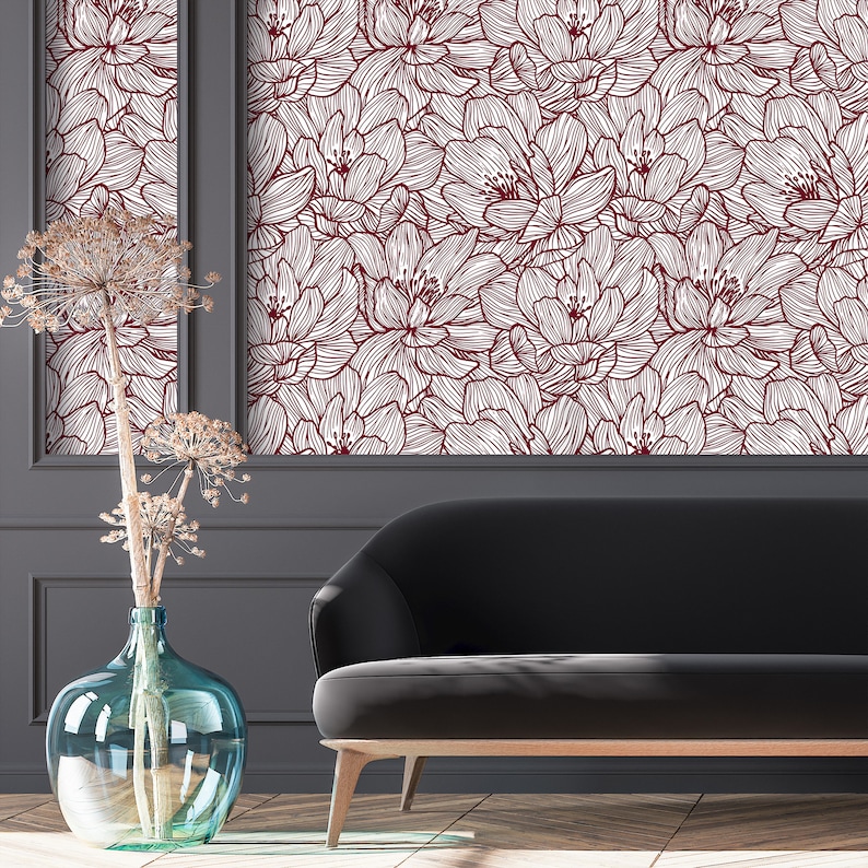 Lined Flowers Burgundy-wall Decor Luxury Floral Wallpaper Roll - Etsy