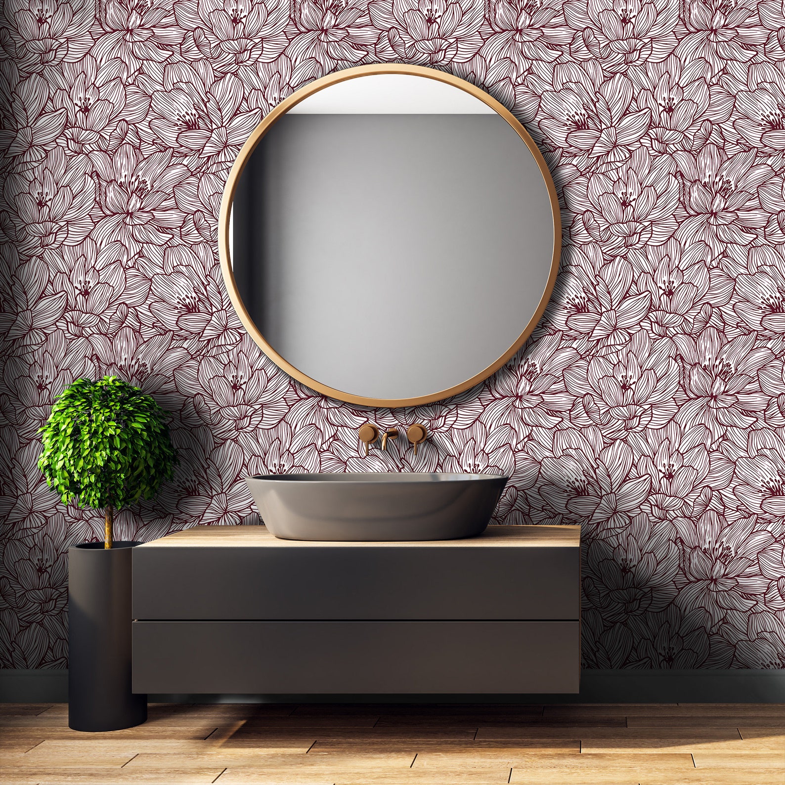 Lined Flowers Burgundy-wall Decor Luxury Floral Wallpaper Roll - Etsy