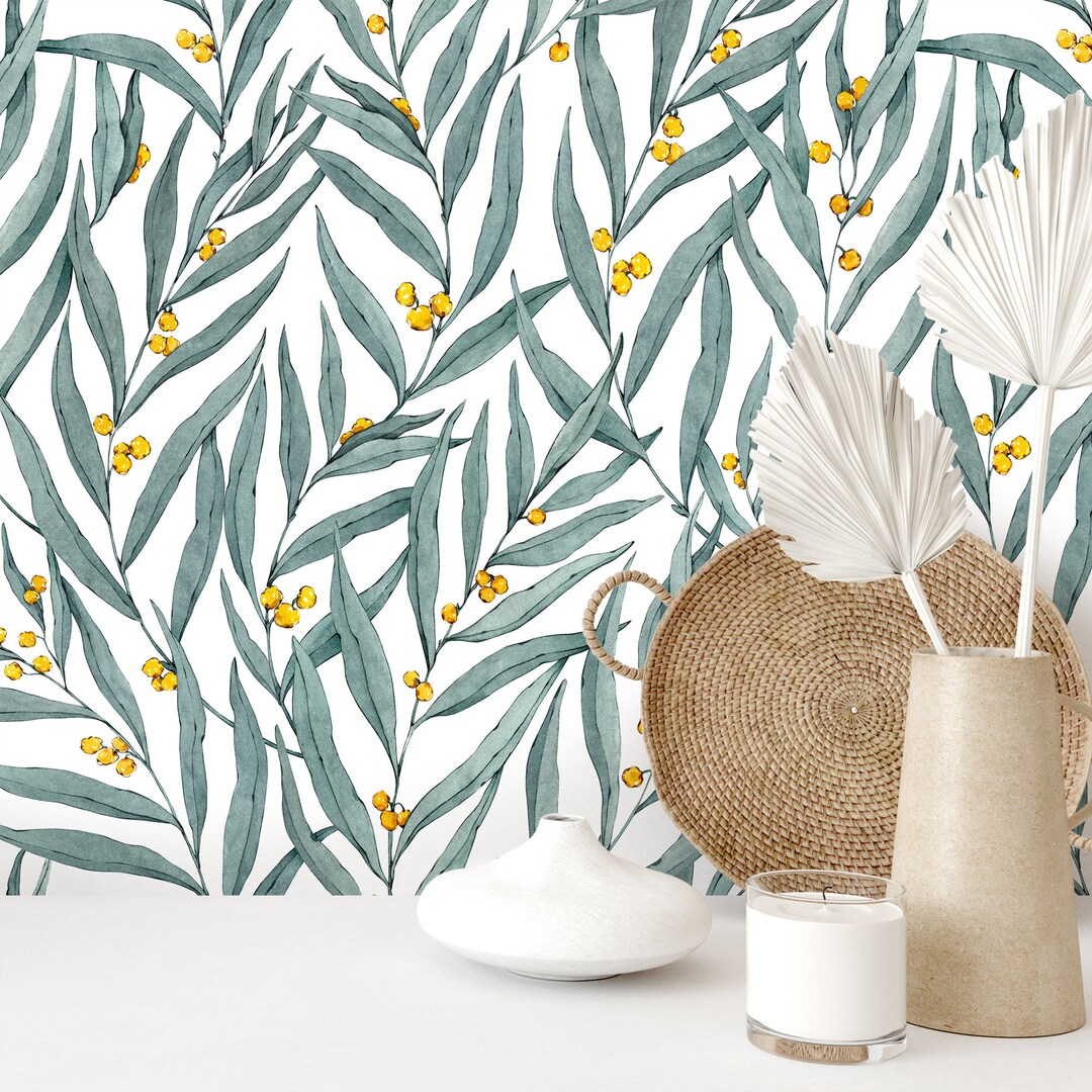 GOLDEN WATTLE LEAVES White-wall Decor Luxury Floral Wallpaper Roll Self ...