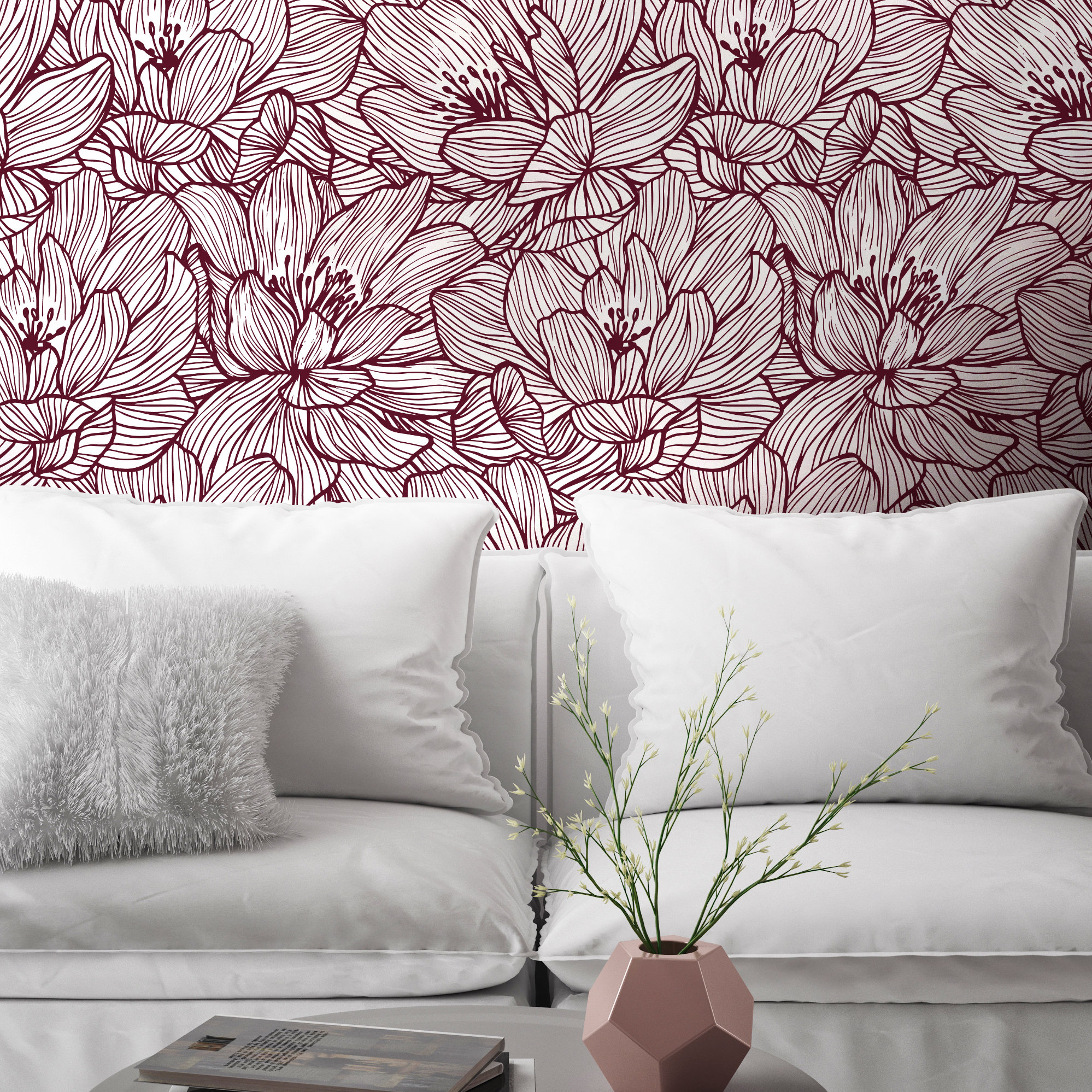 Lined Flowers Burgundy-wall Decor Luxury Floral Wallpaper Roll - Etsy