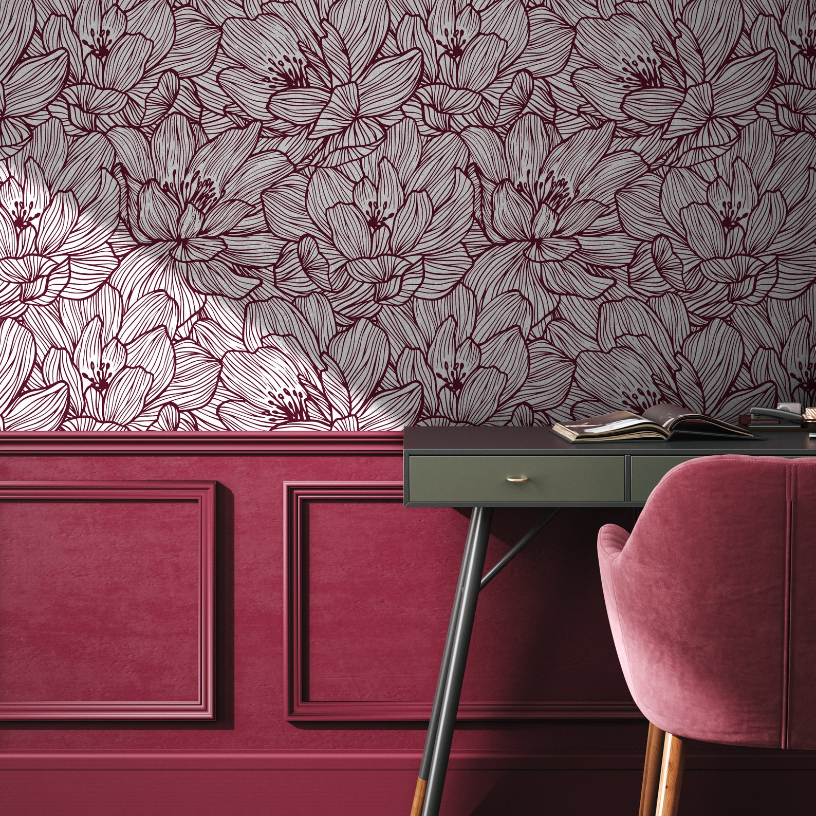 Lined Flowers Burgundy-wall Decor Luxury Floral Wallpaper Roll - Etsy