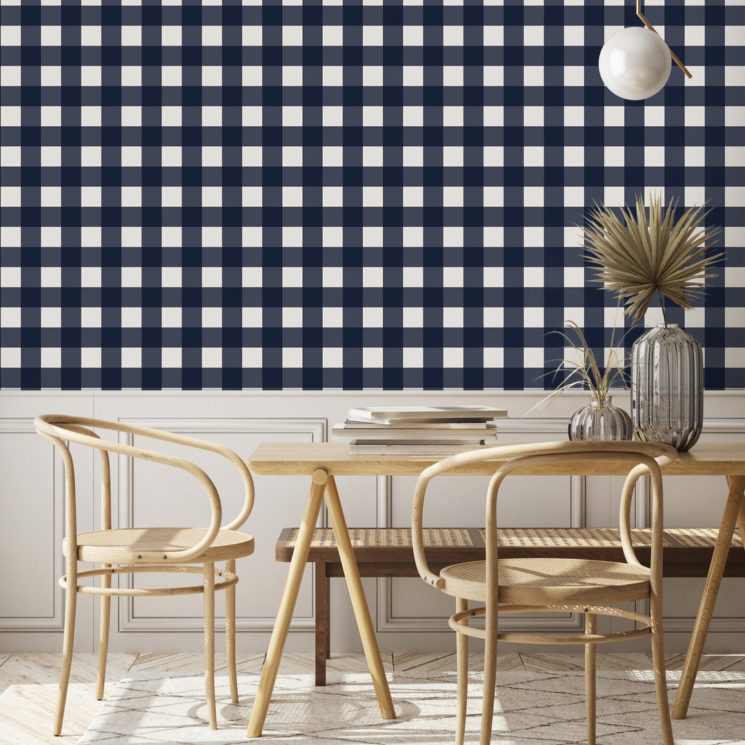 Plaid Navy Floral Wallpaper: Self-adhesive Canvas Texture, Removable - Etsy