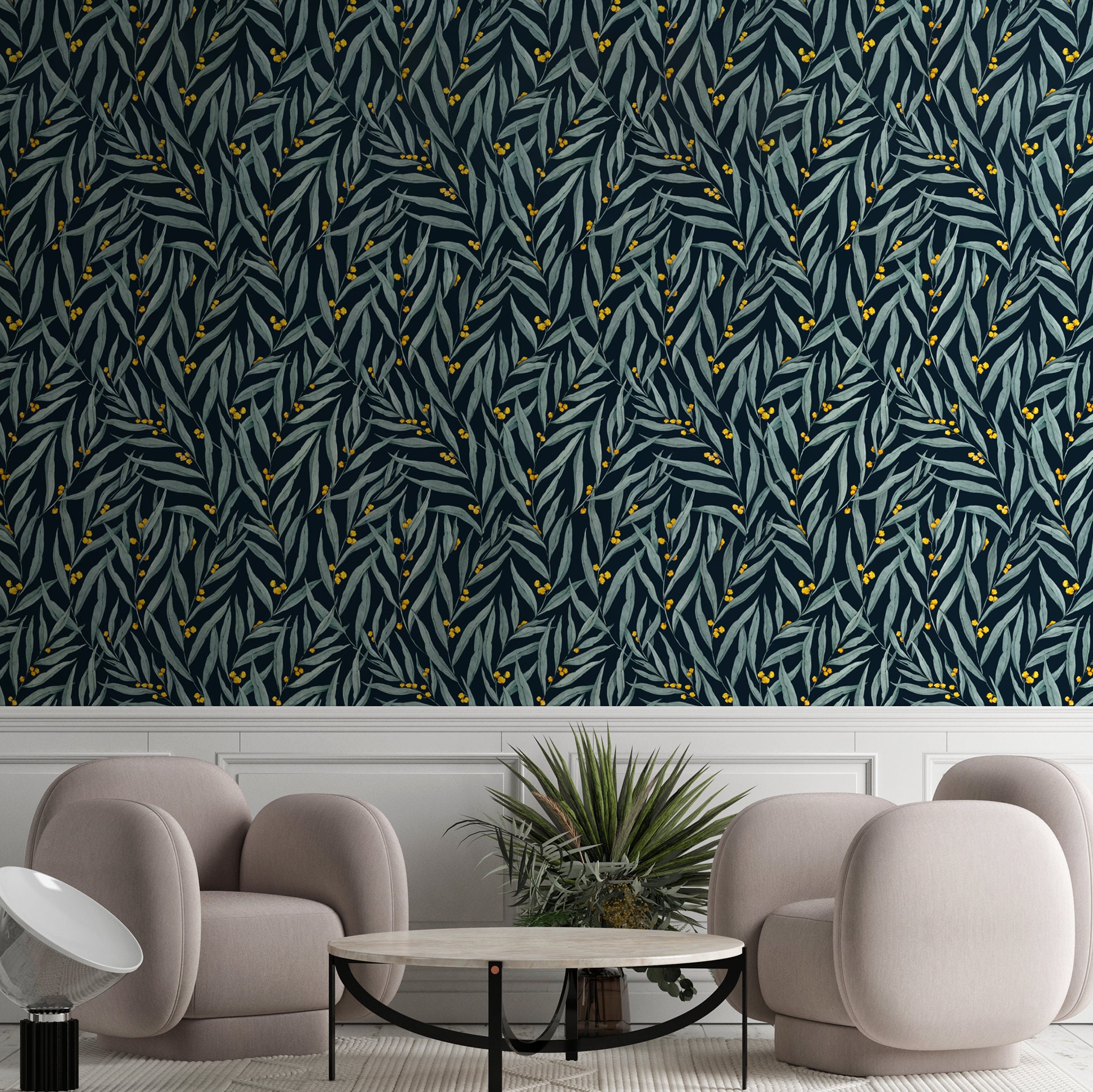 GOLDEN WATTLE LEAVES Navy-wall Decor Luxury Floral Wallpaper | Etsy
