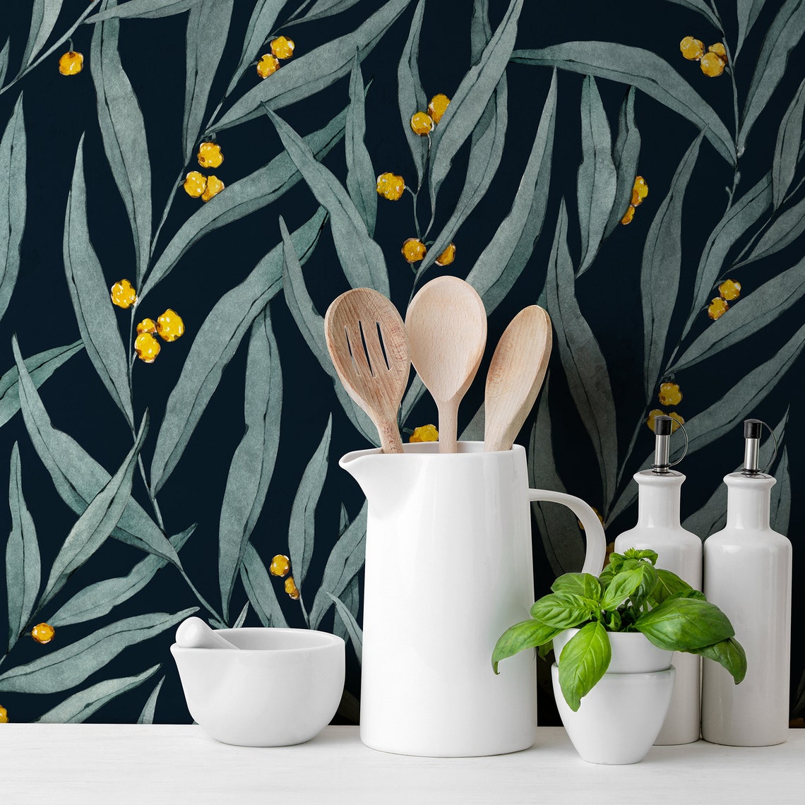 GOLDEN WATTLE LEAVES Navy-wall Decor Luxury Floral Wallpaper | Etsy