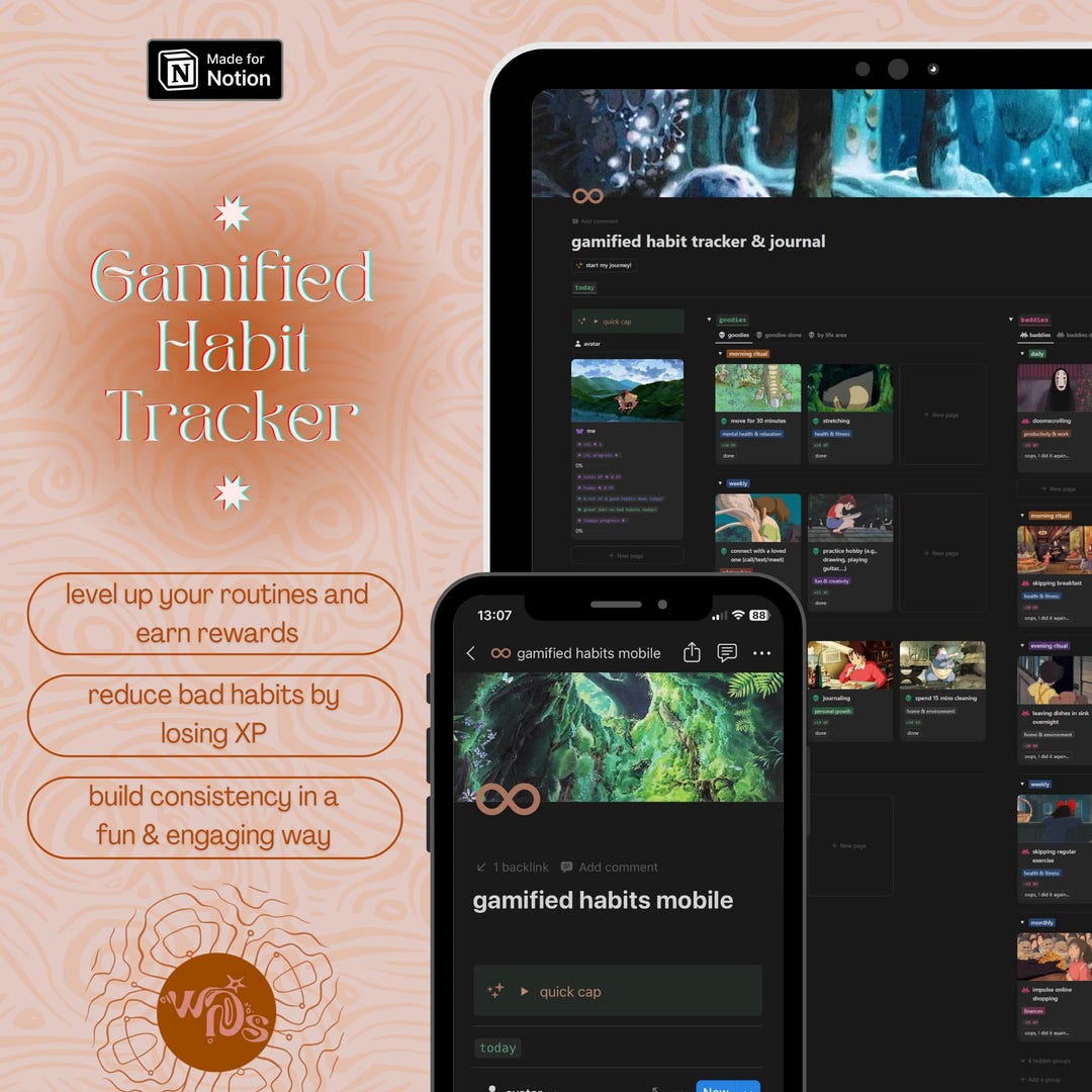 Gamified Habit Tracker Notion Template XP & Leveling System Digital Journal, Weekly Reviews ...