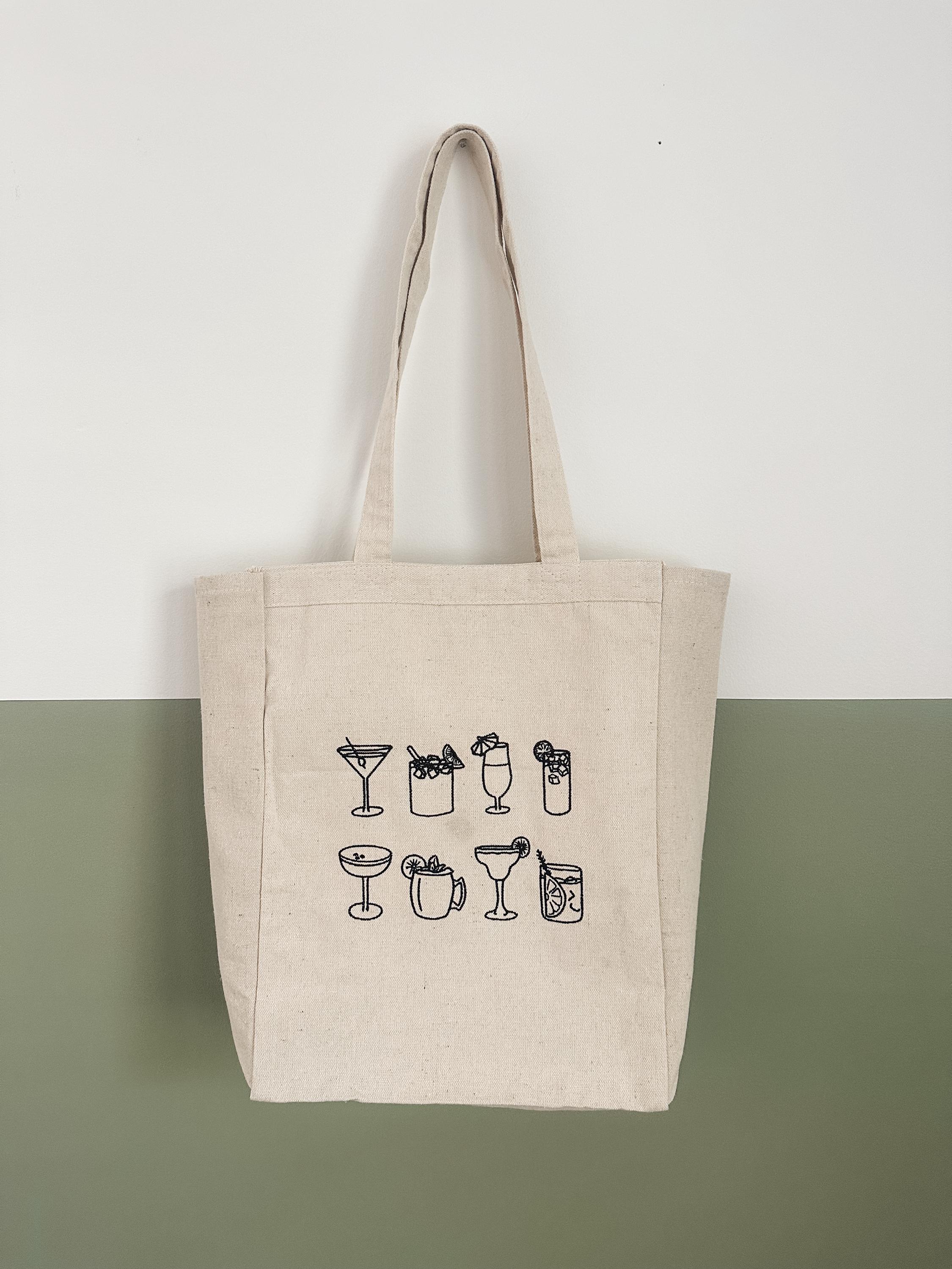 Embroidered Cocktail Tote: Minimalist Drink Outlines, Canvas Barware ...