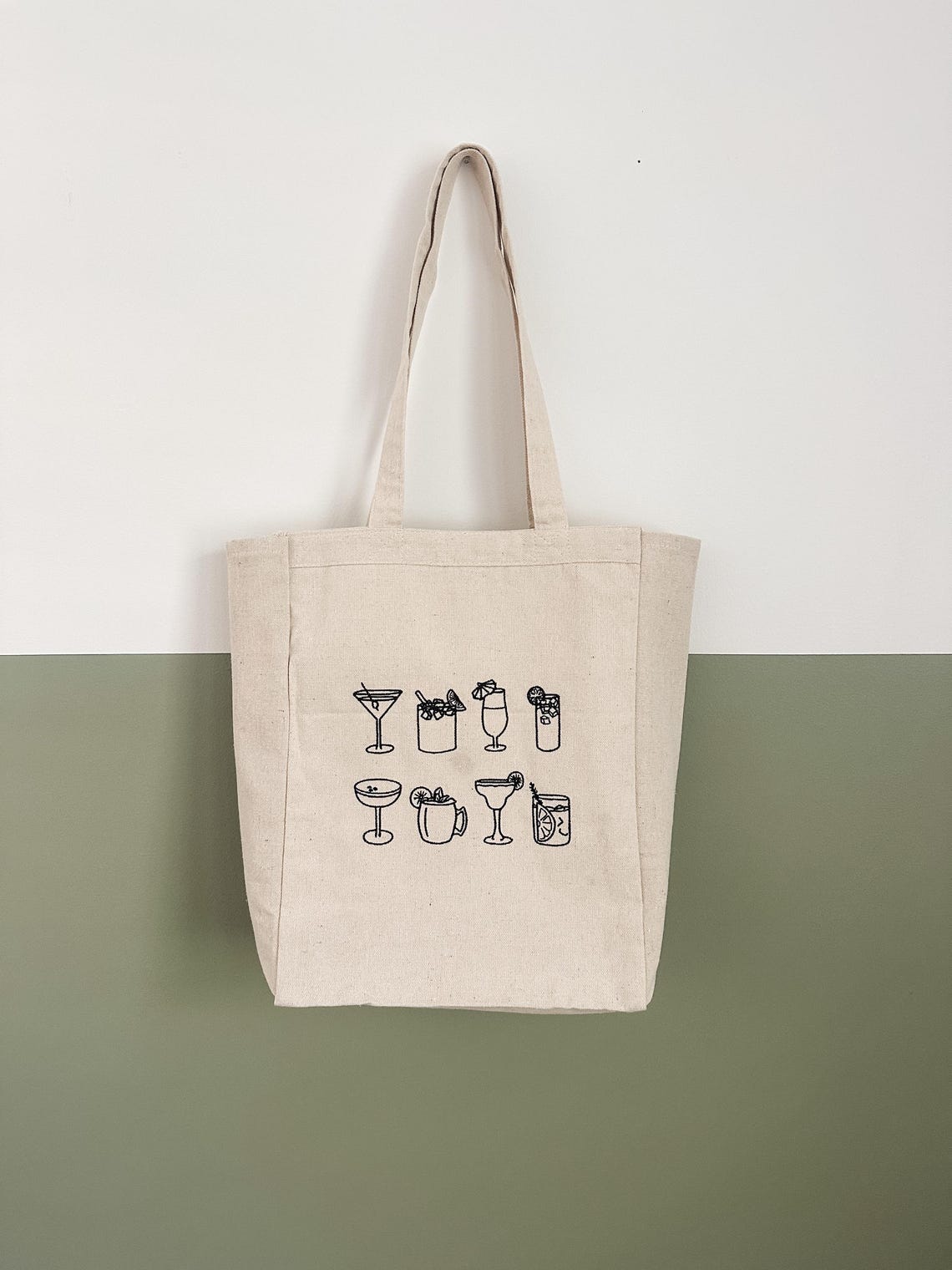 Embroidered Cocktail Tote: Minimalist Drink Outlines, Canvas Barware ...