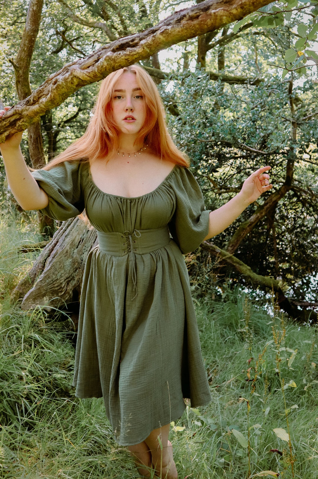 Shift Dress With Optional Lace up Corset Belt Cotton Muslin Green Blue ...