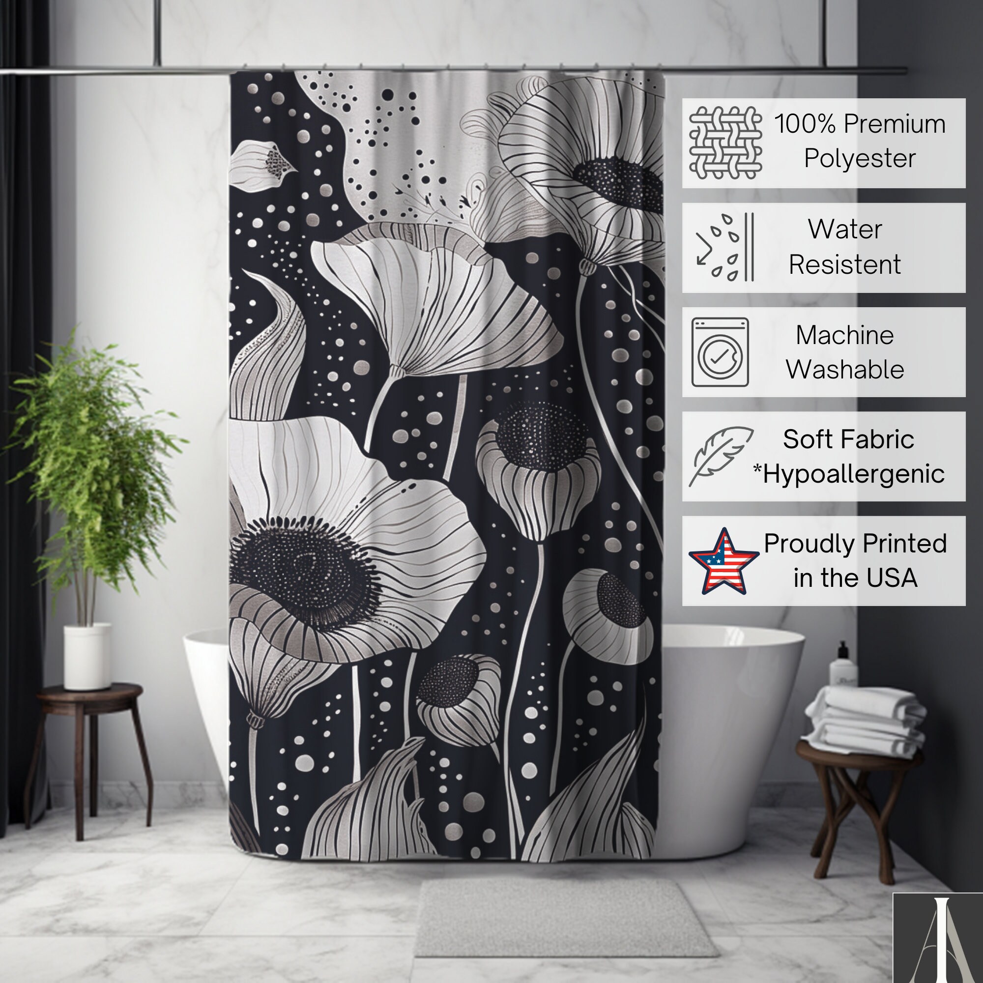 Elegant Monochrome Poppy Shower Curtain, Chic Black and White Floral ...