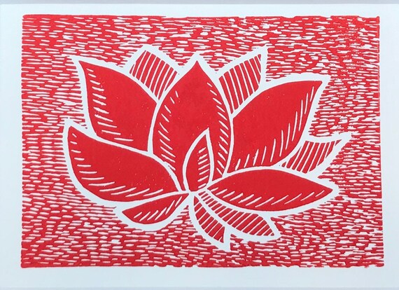 Wood & Linocut Prints Art & Collectibles Scarlet Lotus Original Lino ...
