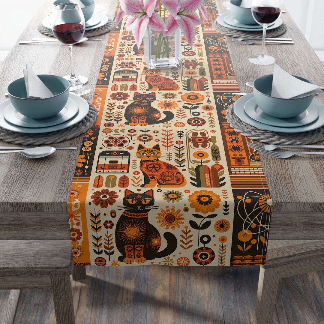 Atomic Age Cat Table Runner - Warm Retro Feline Design for Mid-century ...