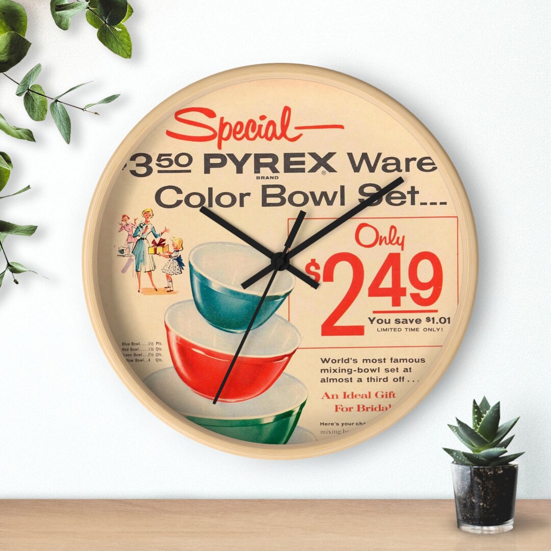 Pyrex Vintage Advertisement Primary Colors Wall Clock. Vintage Kitchen ...