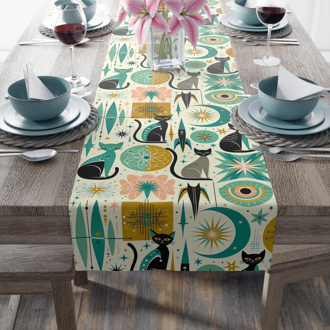 Mid-century Modern Cat Table Runner - Atomic Age Inspired Kitchen Linen ...