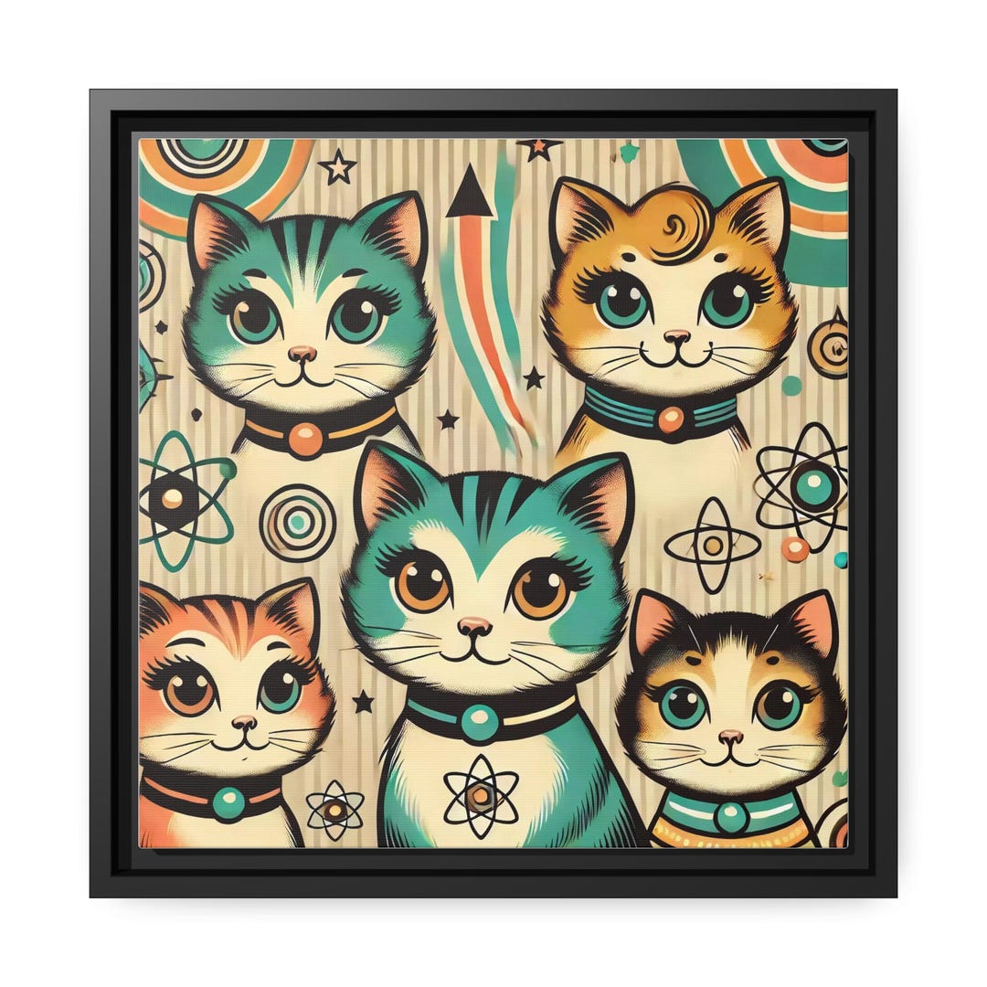 Atomic Cat Framed Canvas – Retro Art, Whimsical Cats Pattern - Etsy
