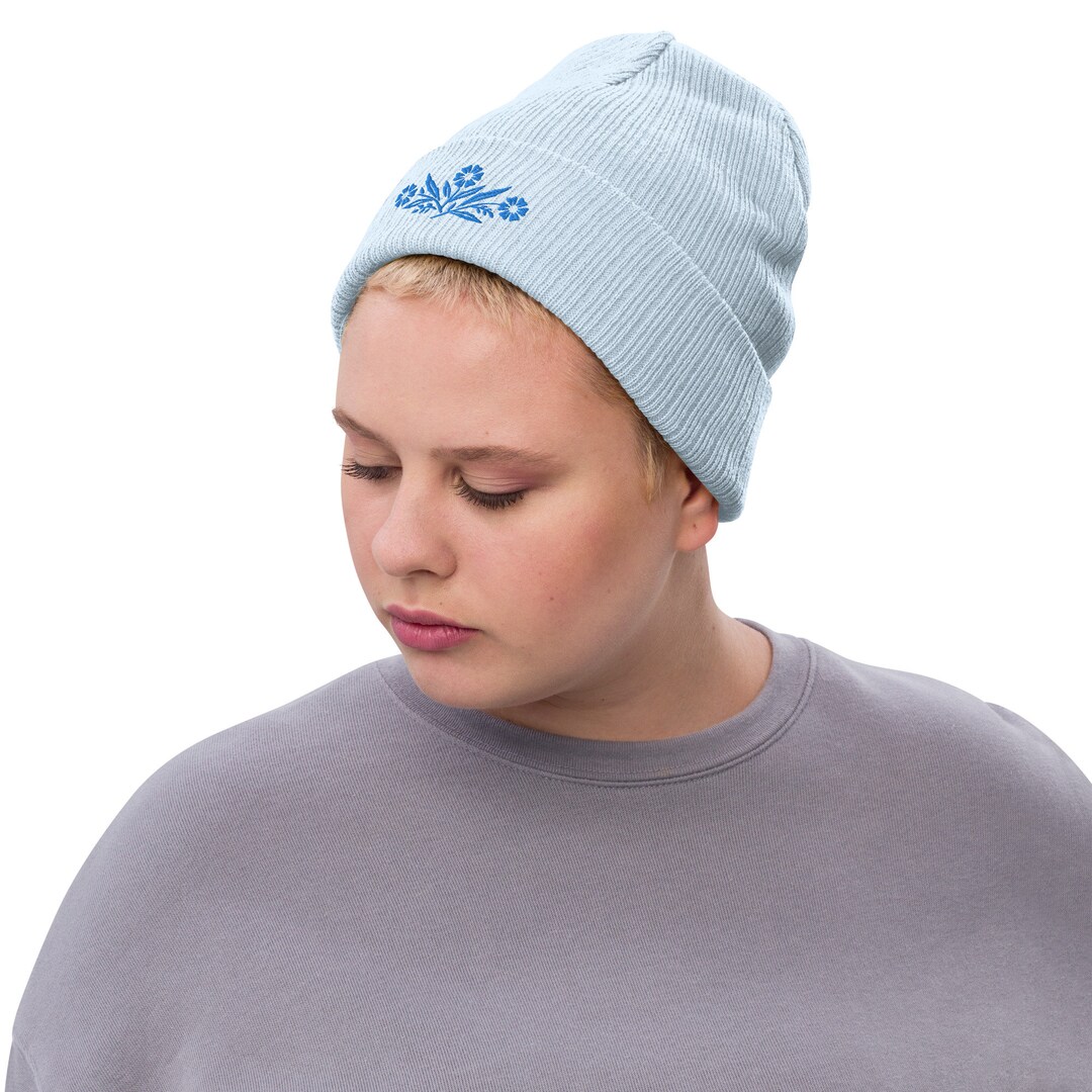 Corningware Cornflower Blue Inspired Ribbed Knit Beanie. 3D Embroidered ...