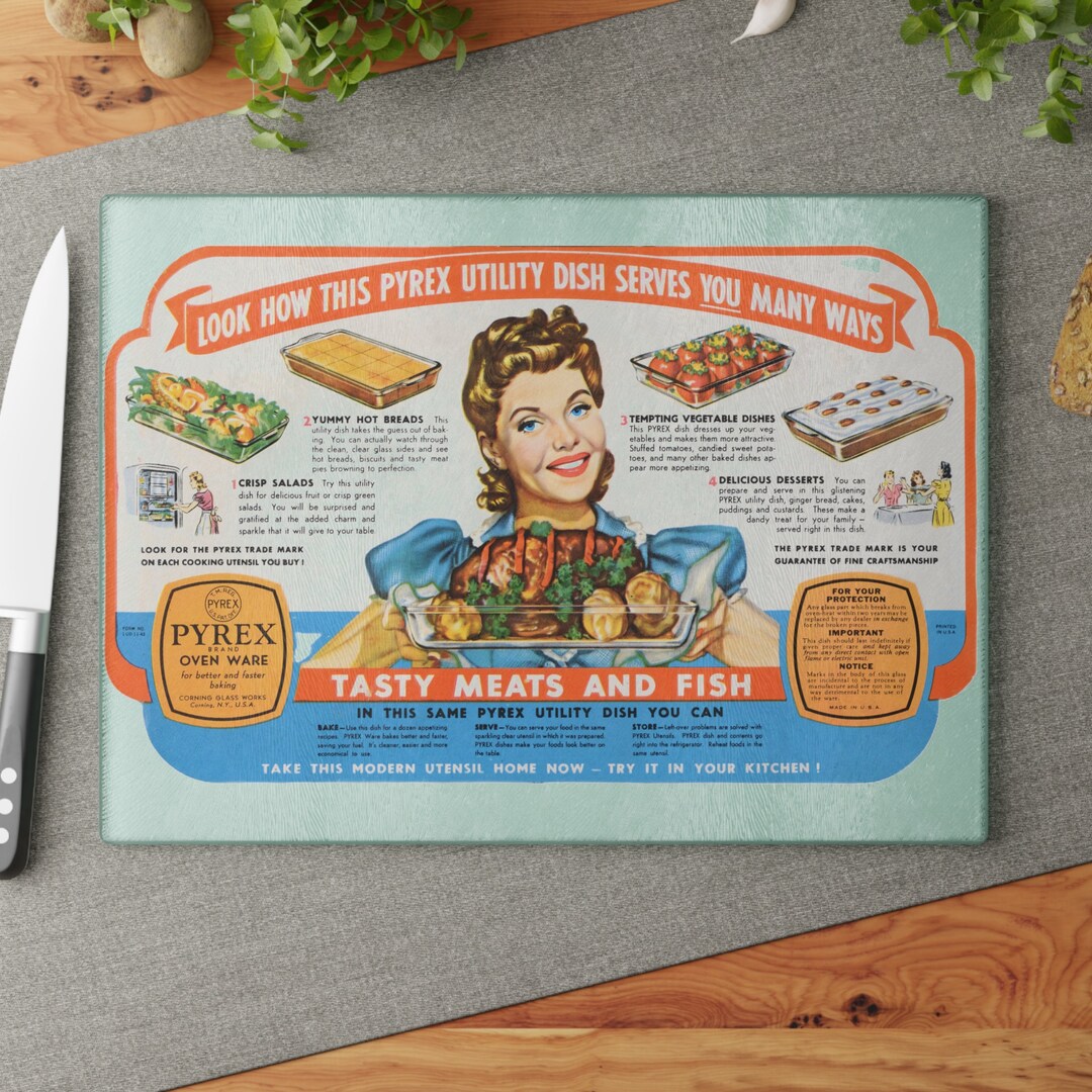 Retro Pyrex Utility Dish Ad Glass Cutting Board - Durable, Textured ...