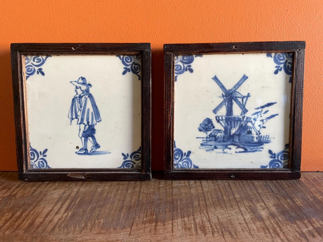Set of 2 Handcrafted Dutch Delft Blue Tiles Vintage Delft Blue Tiles ...