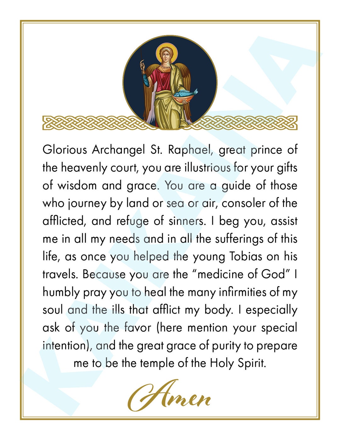 Saint Raphael Prayer Cards 4 Up: Catholic Archangel Print (digital ...