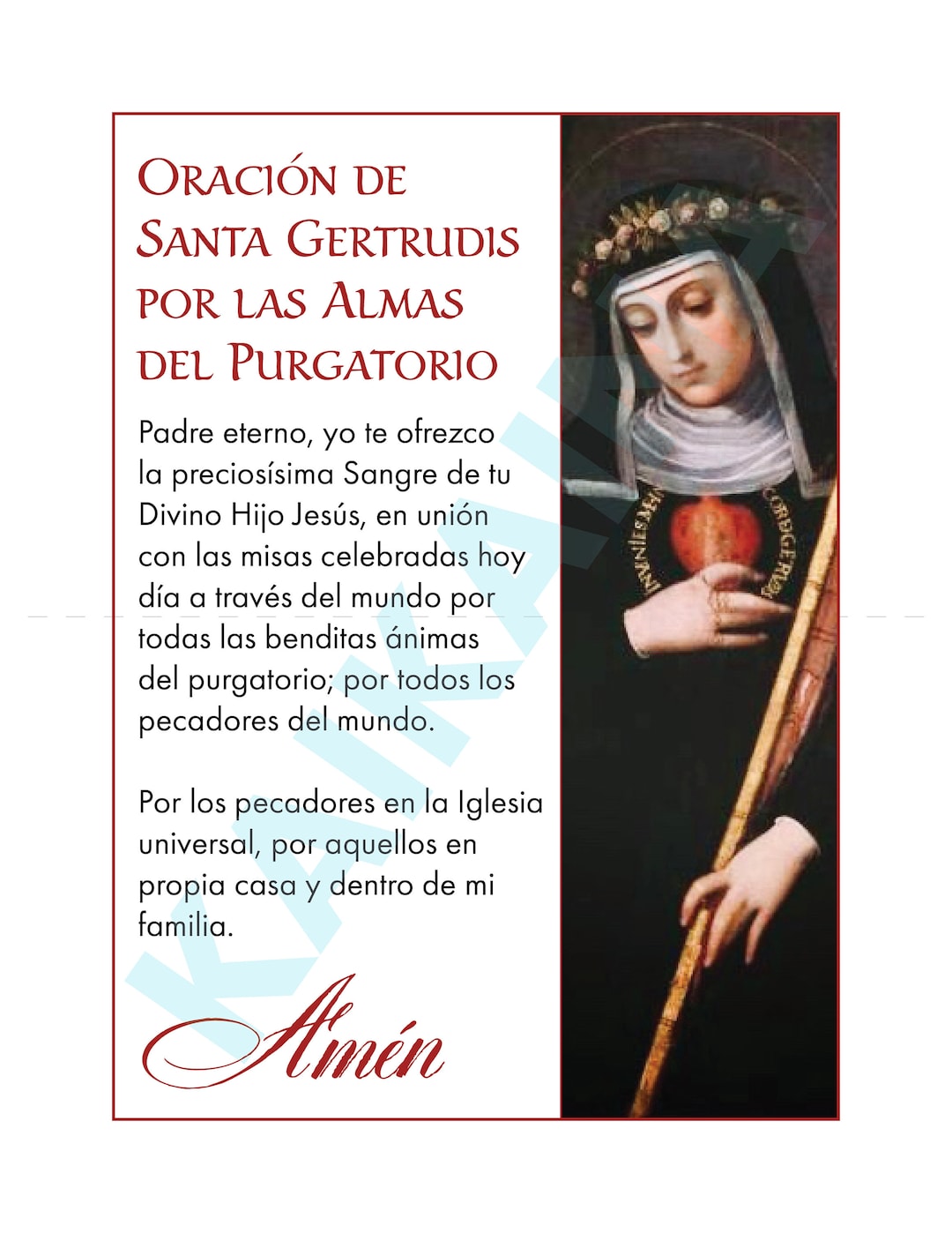 Oracion De Santa Gertrudis Por Las Almas Del Purgatorio Prayer Poster - Saint Gertrude Prayer ...