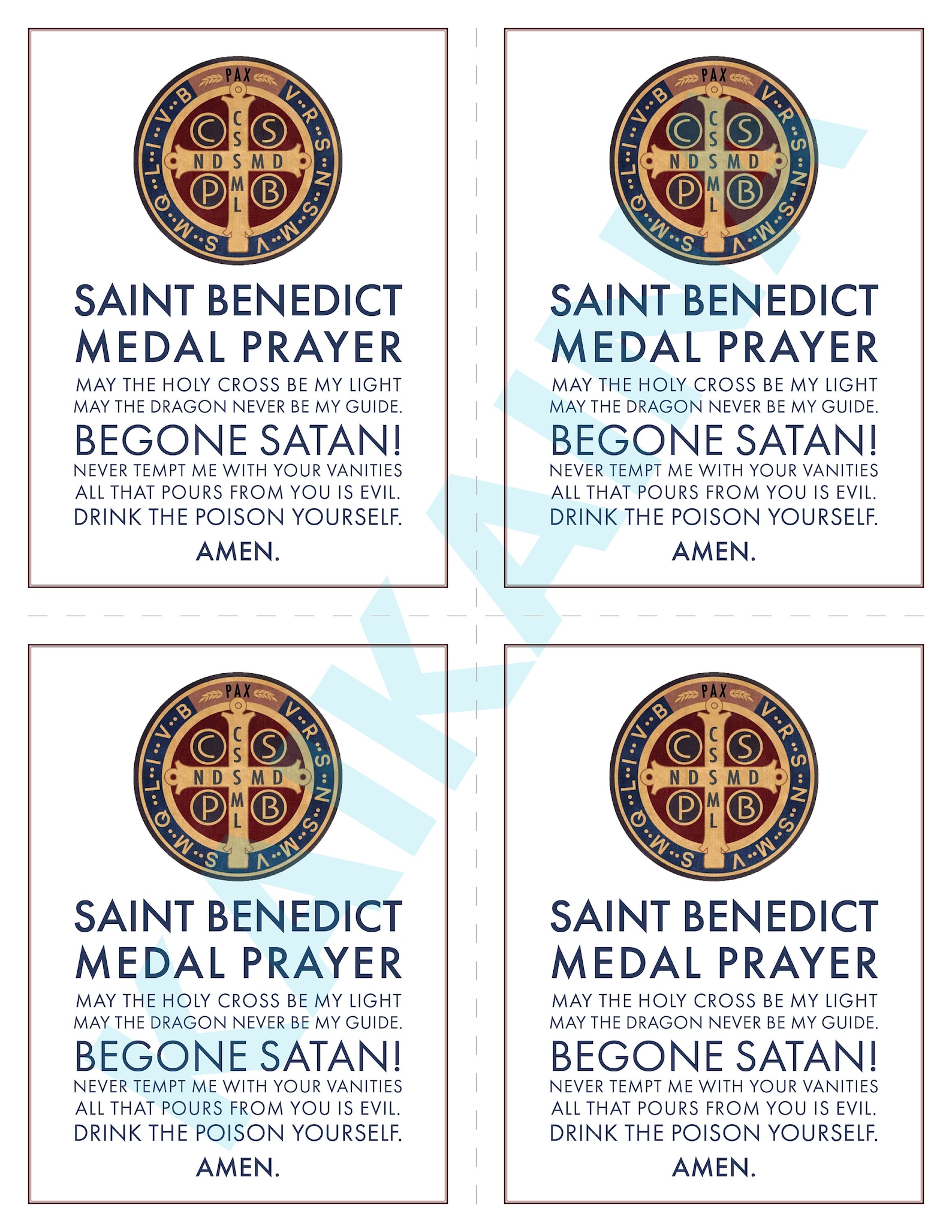 Saint Benedict Medal Prayer Card 4 on a Page - Downloadable and ...