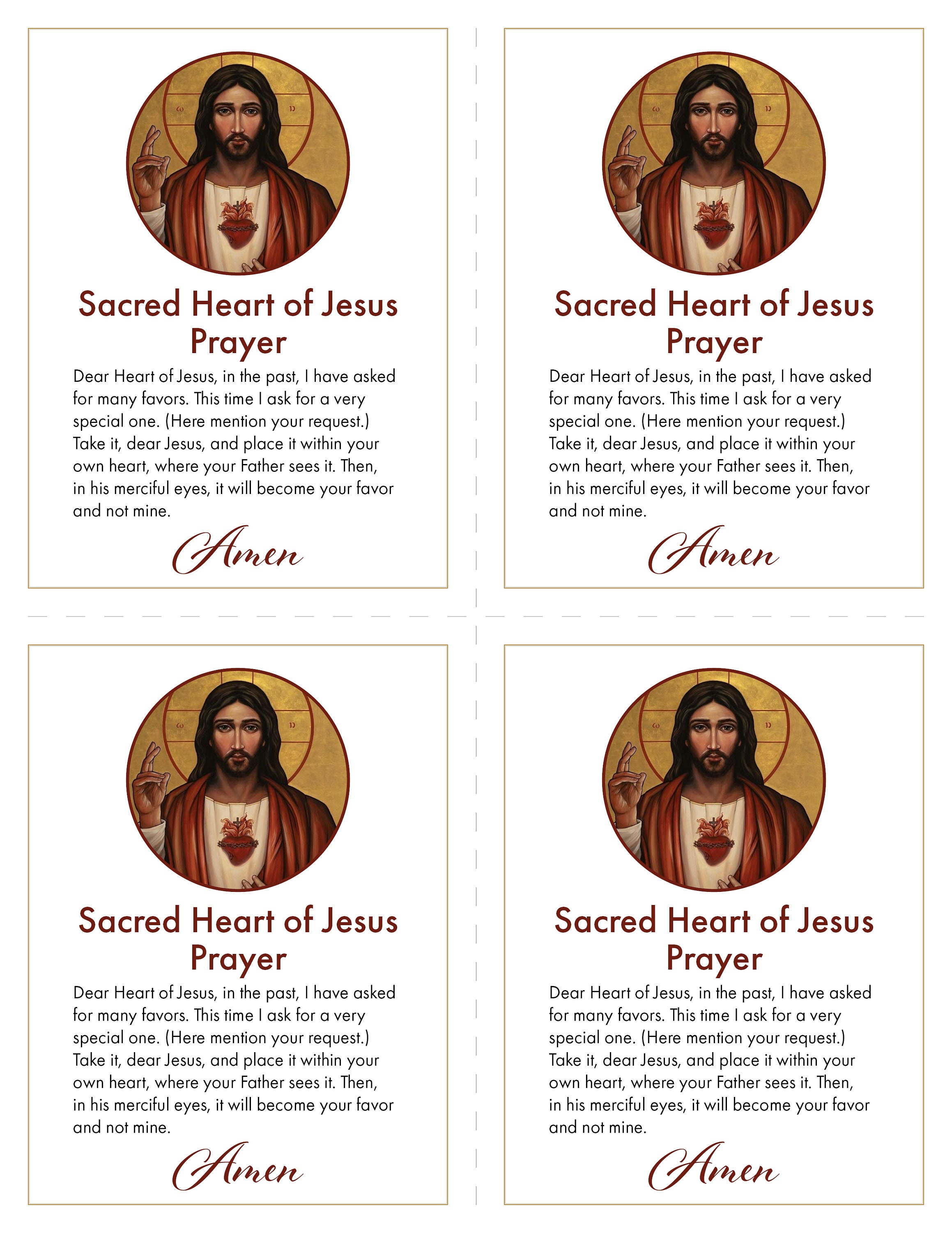 Sacred Heart of Jesus Prayer Card 4 on a Page Downloadable - Etsy Australia