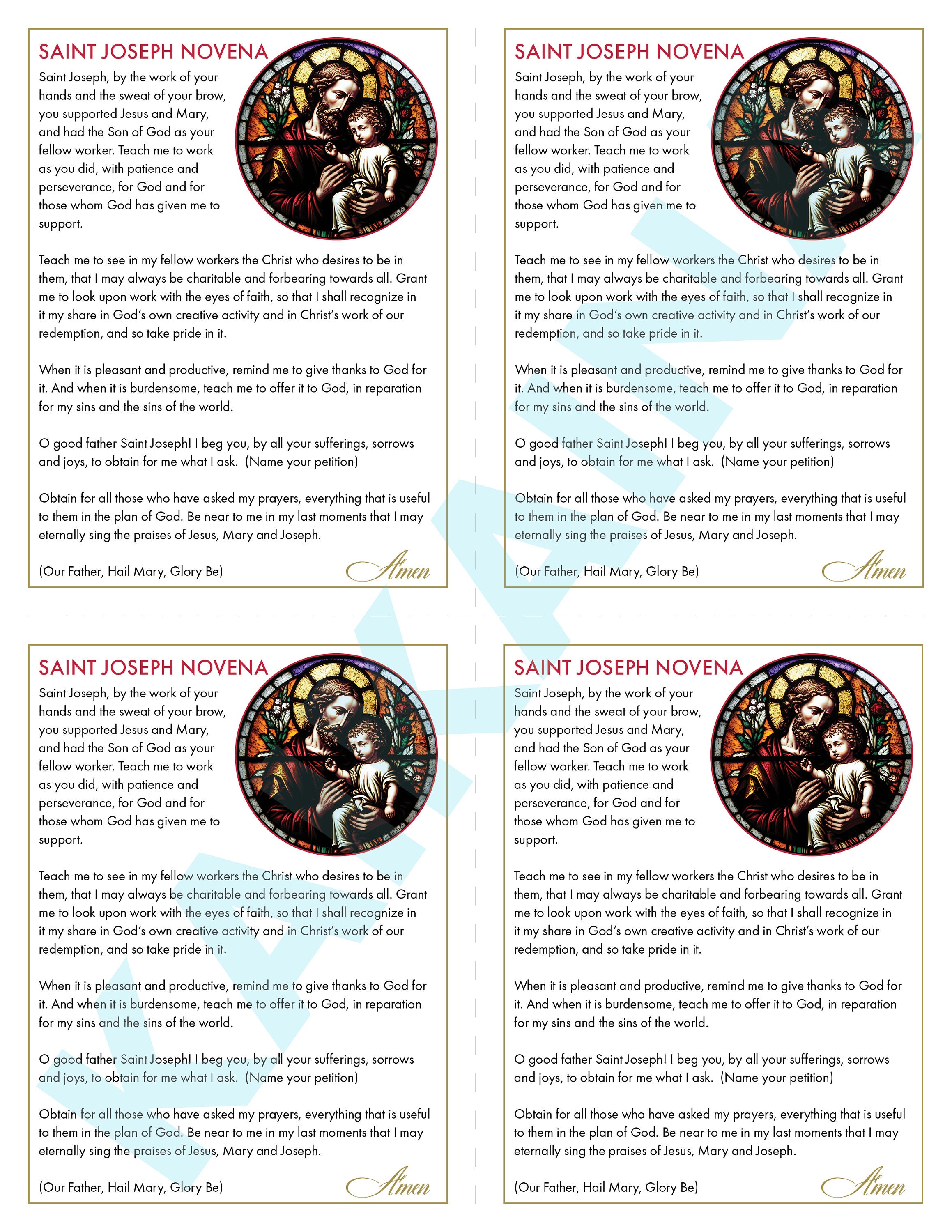 Saint Joseph Novena Prayer Card 4 on a Page - Digital Download ...