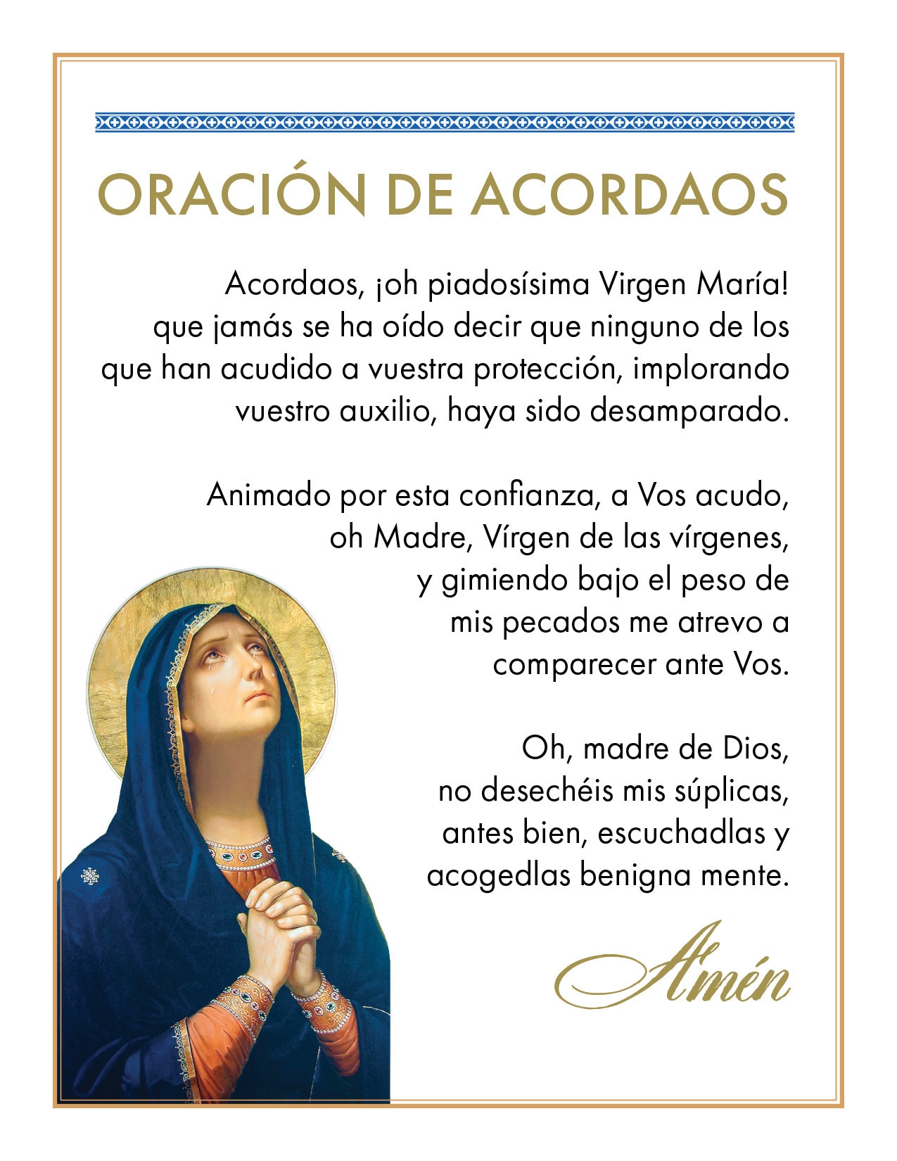 Oración de acordaos prayer card in SPANISH 4 on a page - Etsy México