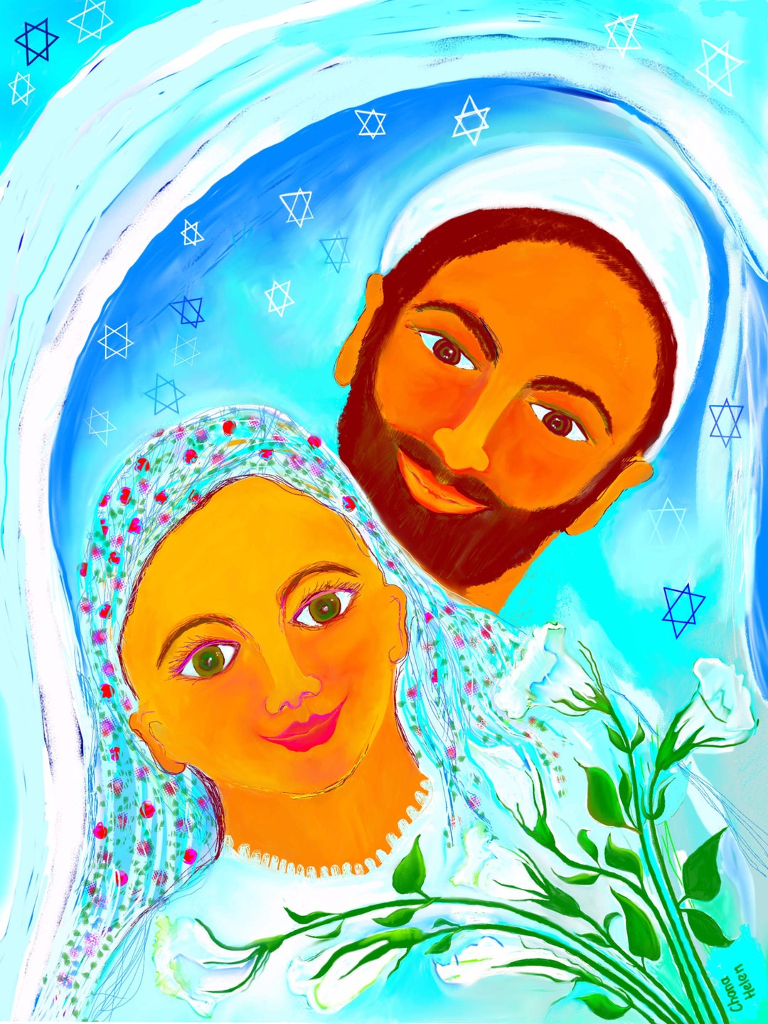 Jewish Bride Groom Art/jewish Wedding Art/jewish Couple Gift/jewish ...