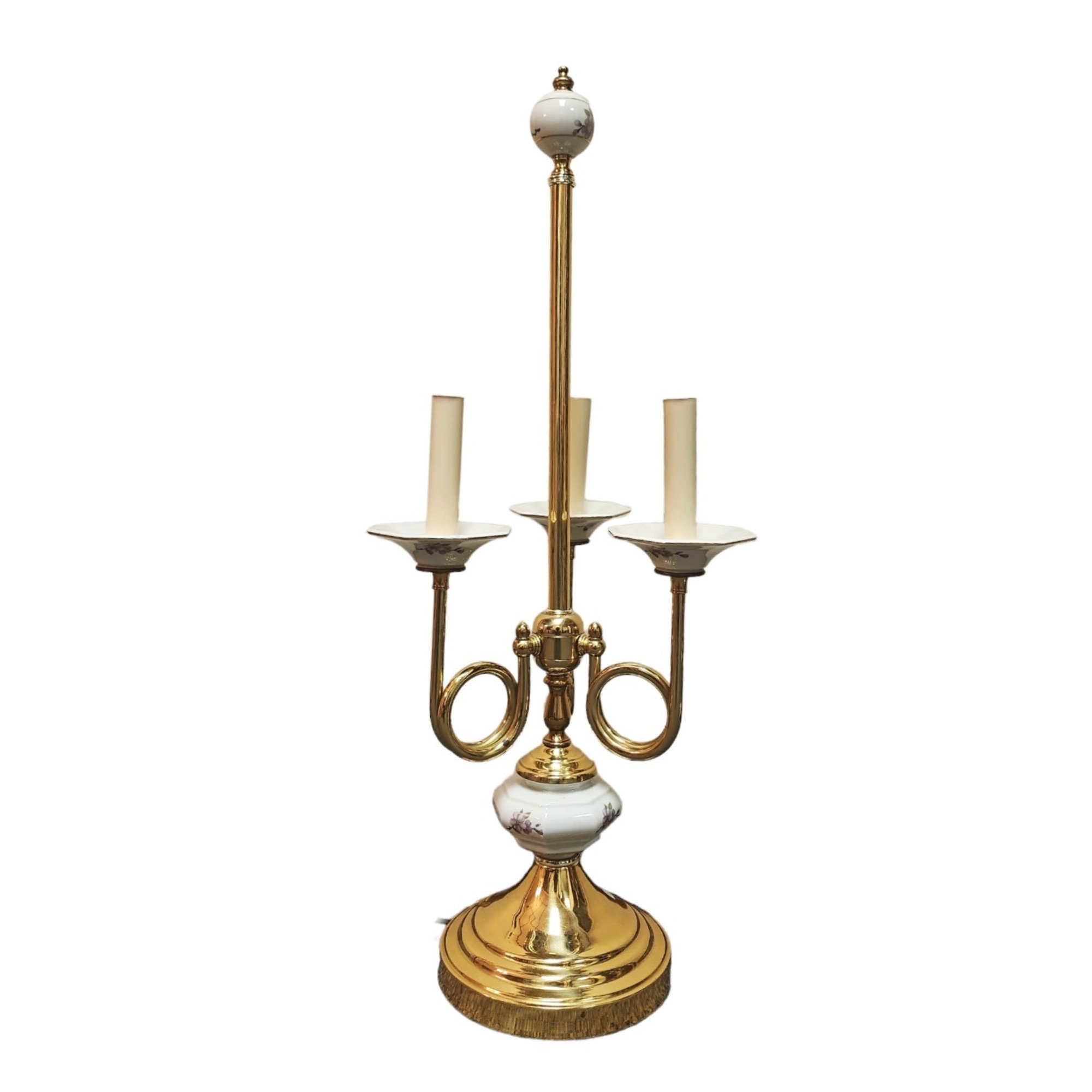 Pair Louis XVI French Style Porcelain Brass Bouillotte Triple Branch ...