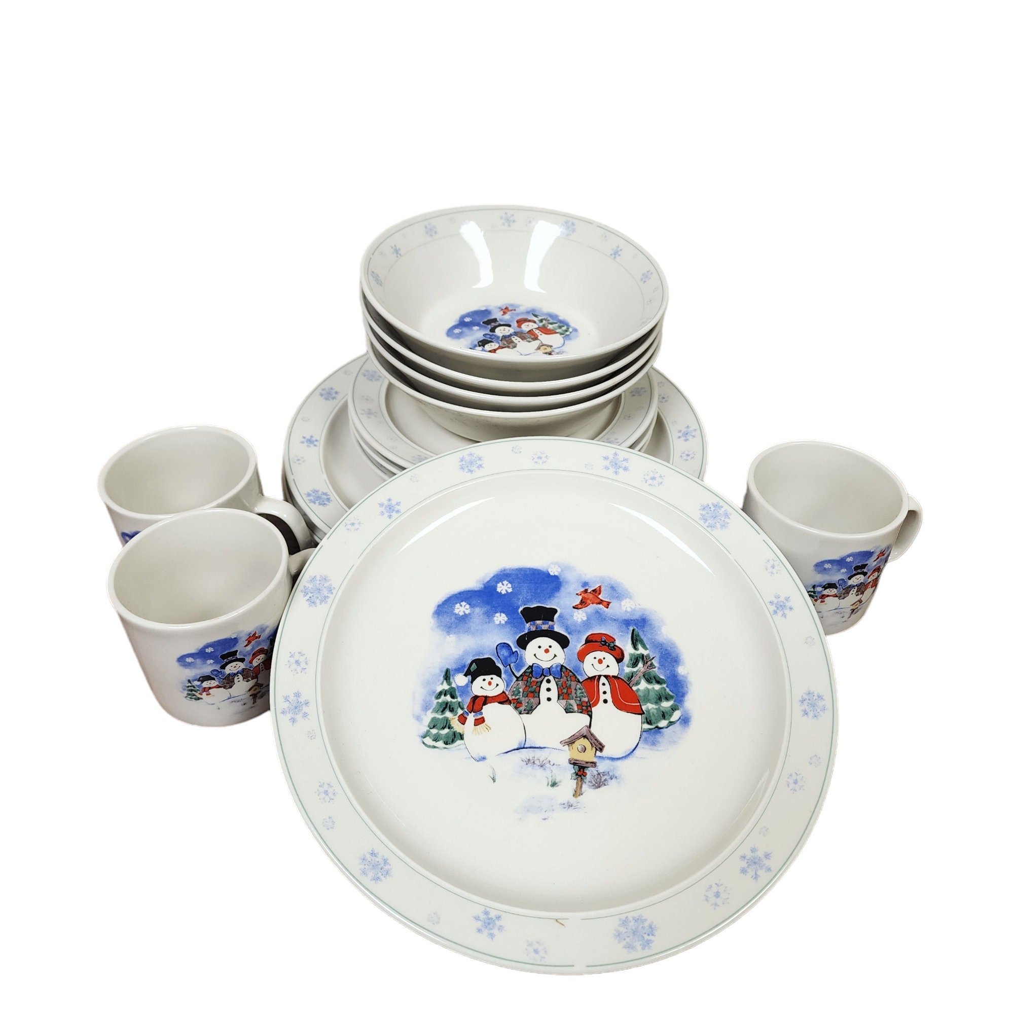 Snowman Family Stoneware Dinnerware Set: Vintage Christmas Plates ...