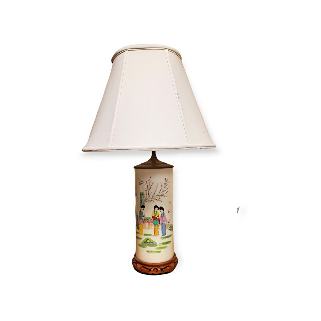 Porcelain Geisha Table Lamp: Asian Motif, Cherry Wood Base, 28" - Etsy