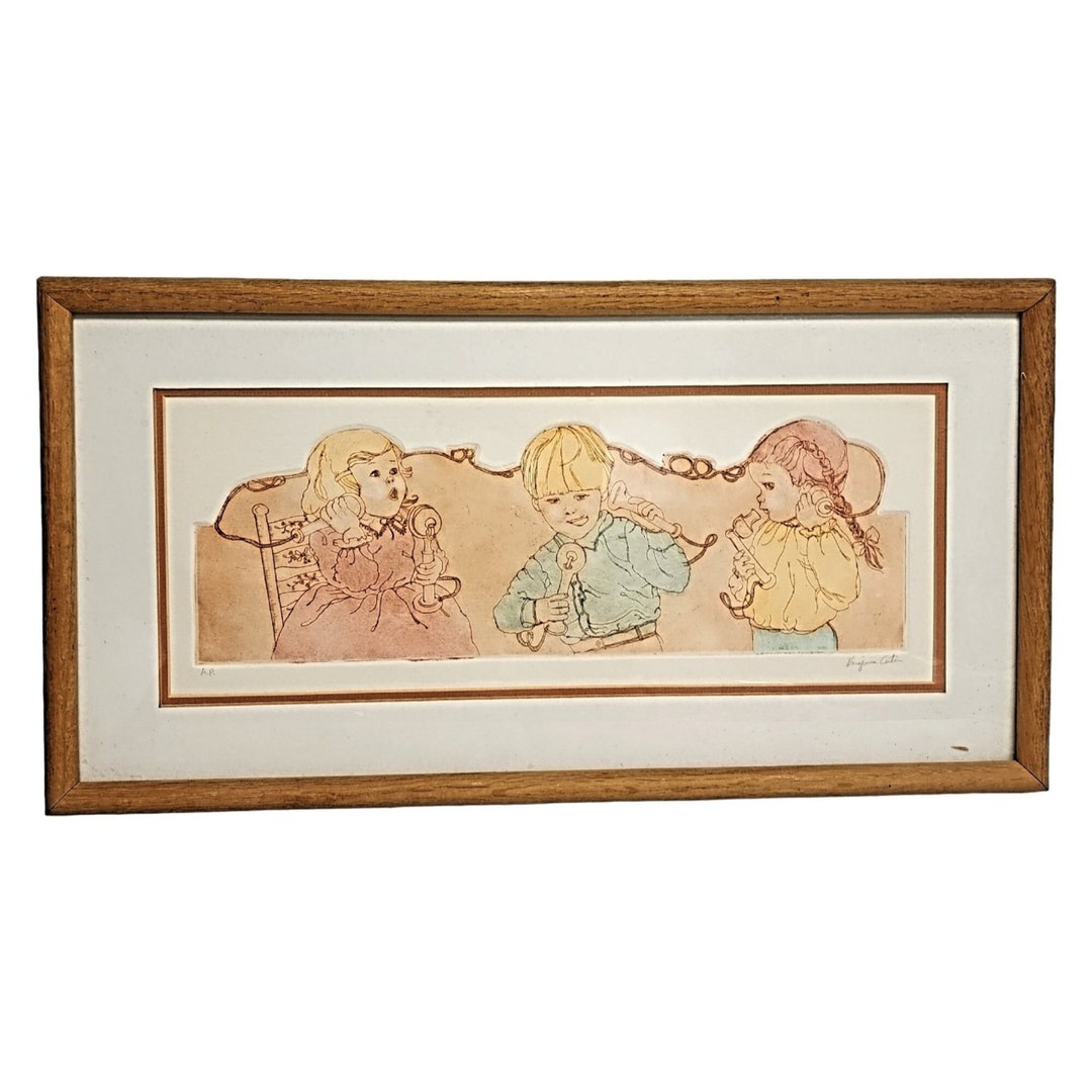 Virginia Curtin Vintage Colored Etching Artist Proof Children on Phone ...