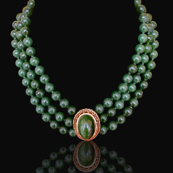 Stunning 14k Nephrite Jade Bead 3 Strand Asian Motif … - Gem