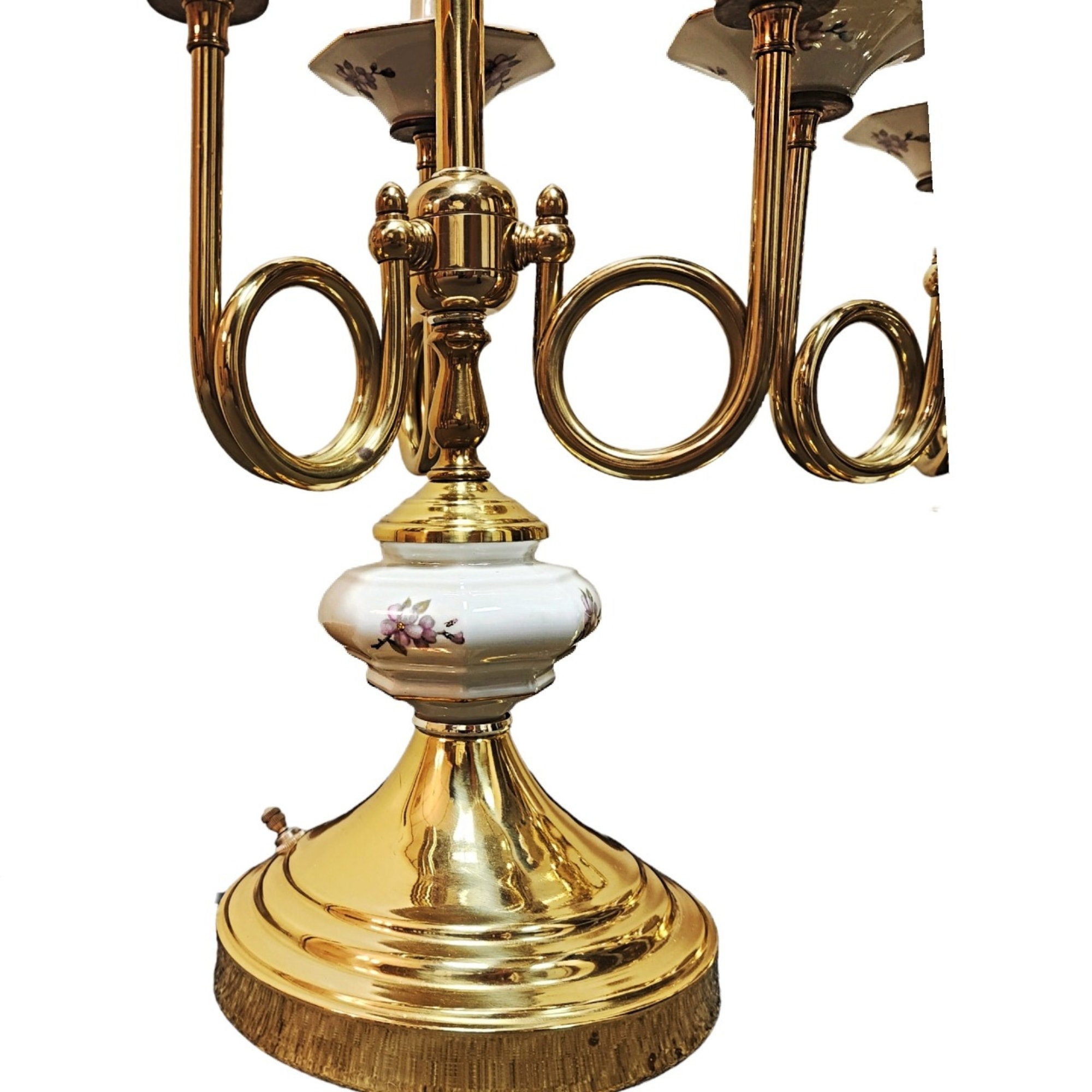 Pair Louis XVI French Style Porcelain Brass Bouillotte Triple Branch ...